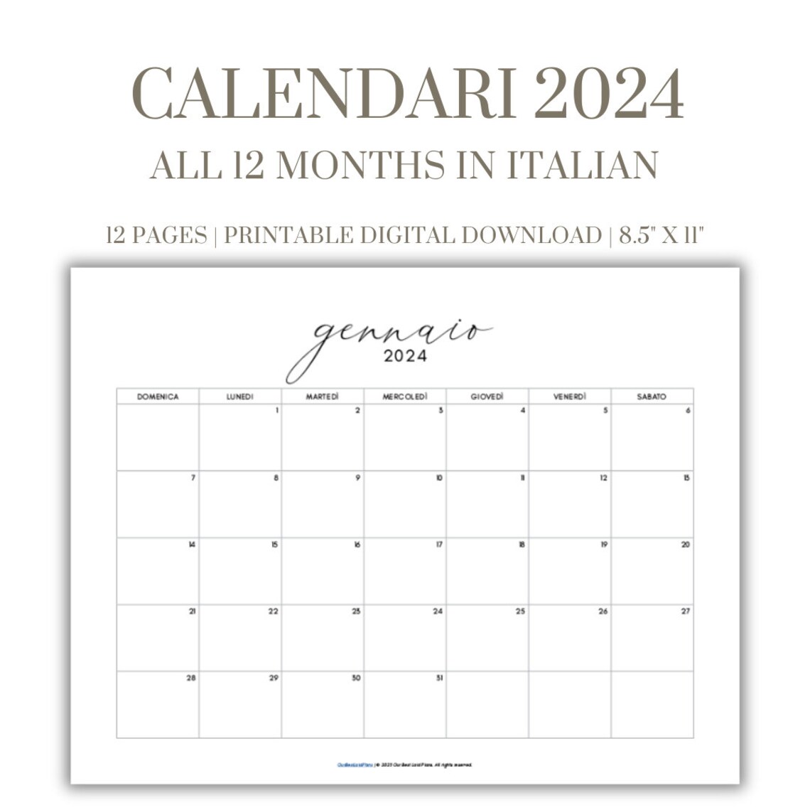 2024 Calendar in Italian, 2024 Calendari Printable PDF, Monthly Italian ...