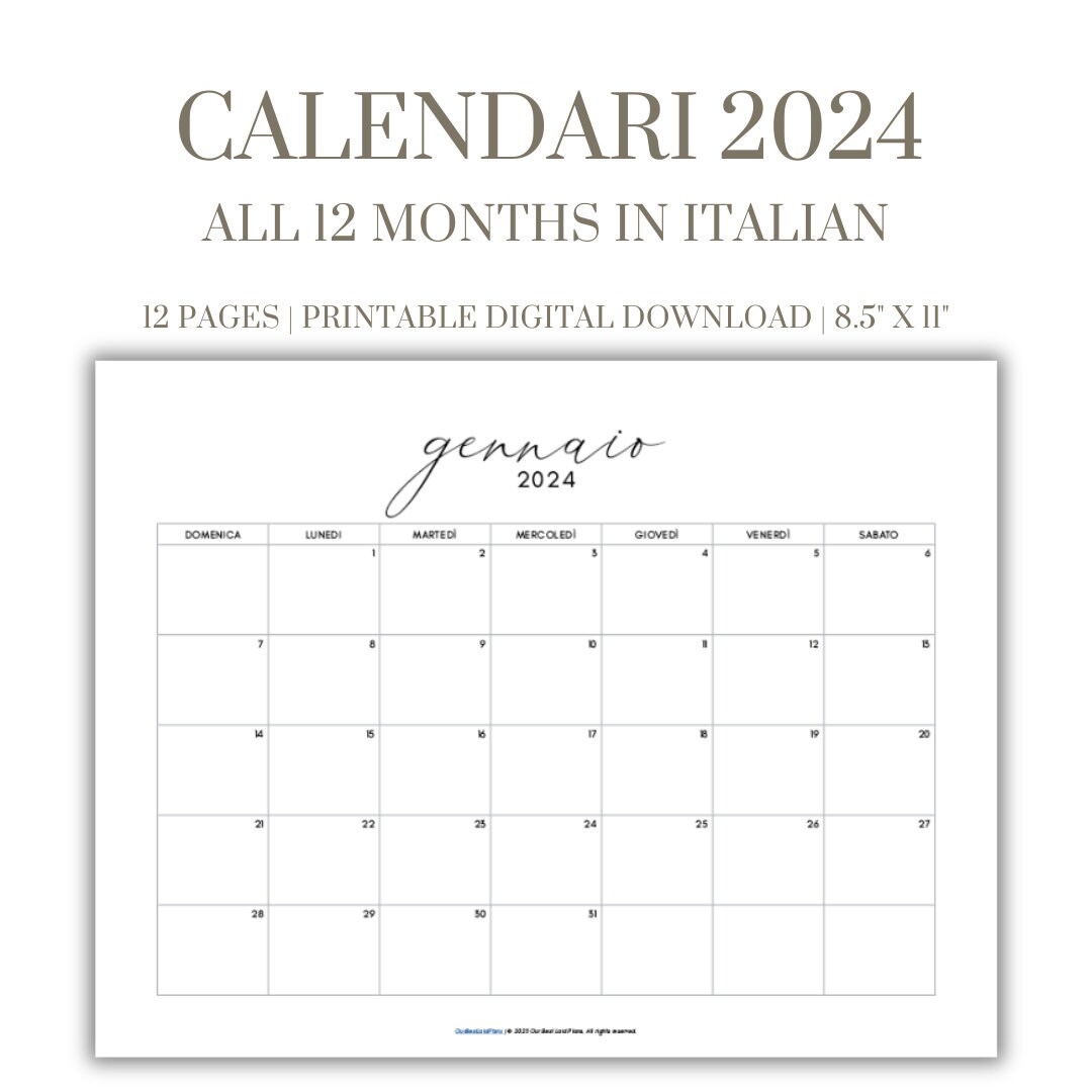 2024 Calendar in Italian, 2024 Calendari Printable PDF, Monthly Italian ...