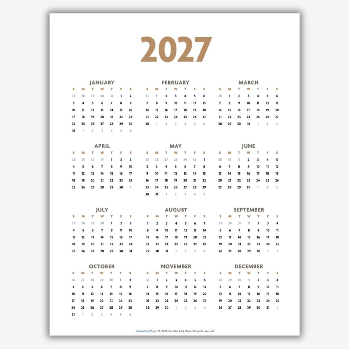 2027 Kalender Druckbares Jahr auf einen Blick PDF, 2027 Kalender ...