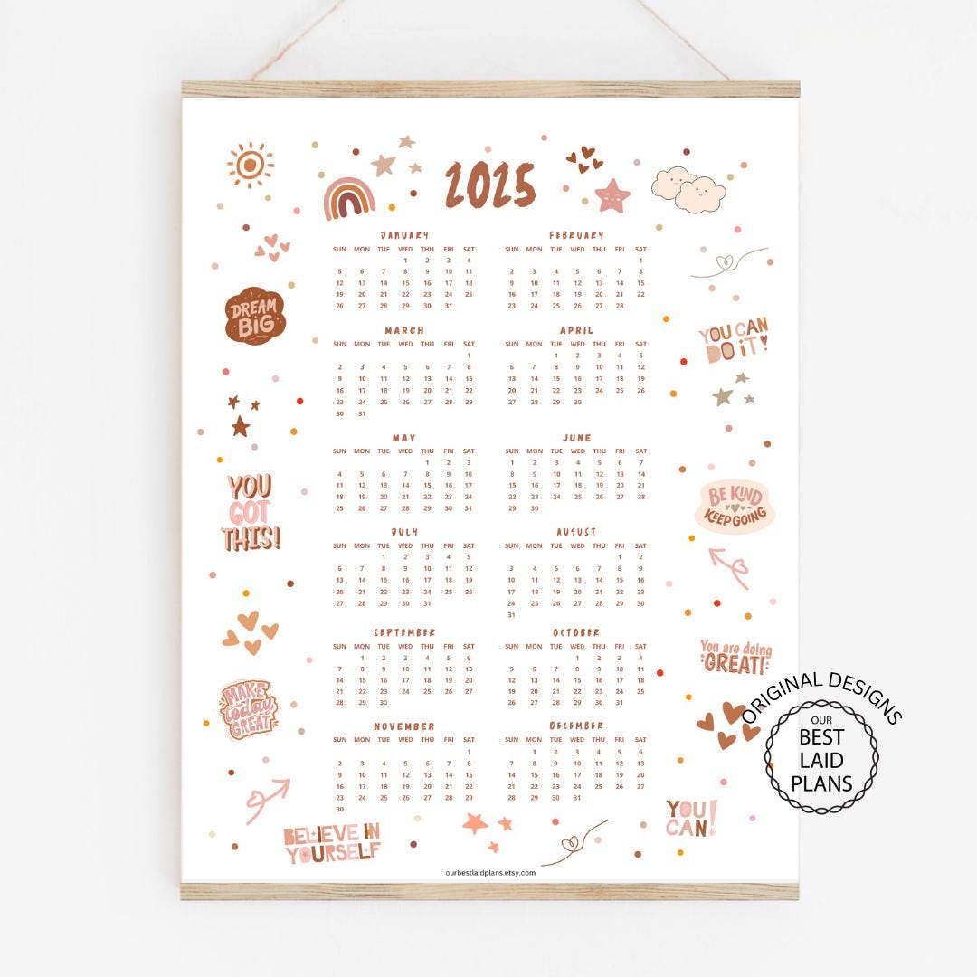 2025 Positivity Calendar Year at a Glance Printable Cute 2025 Calendar ...