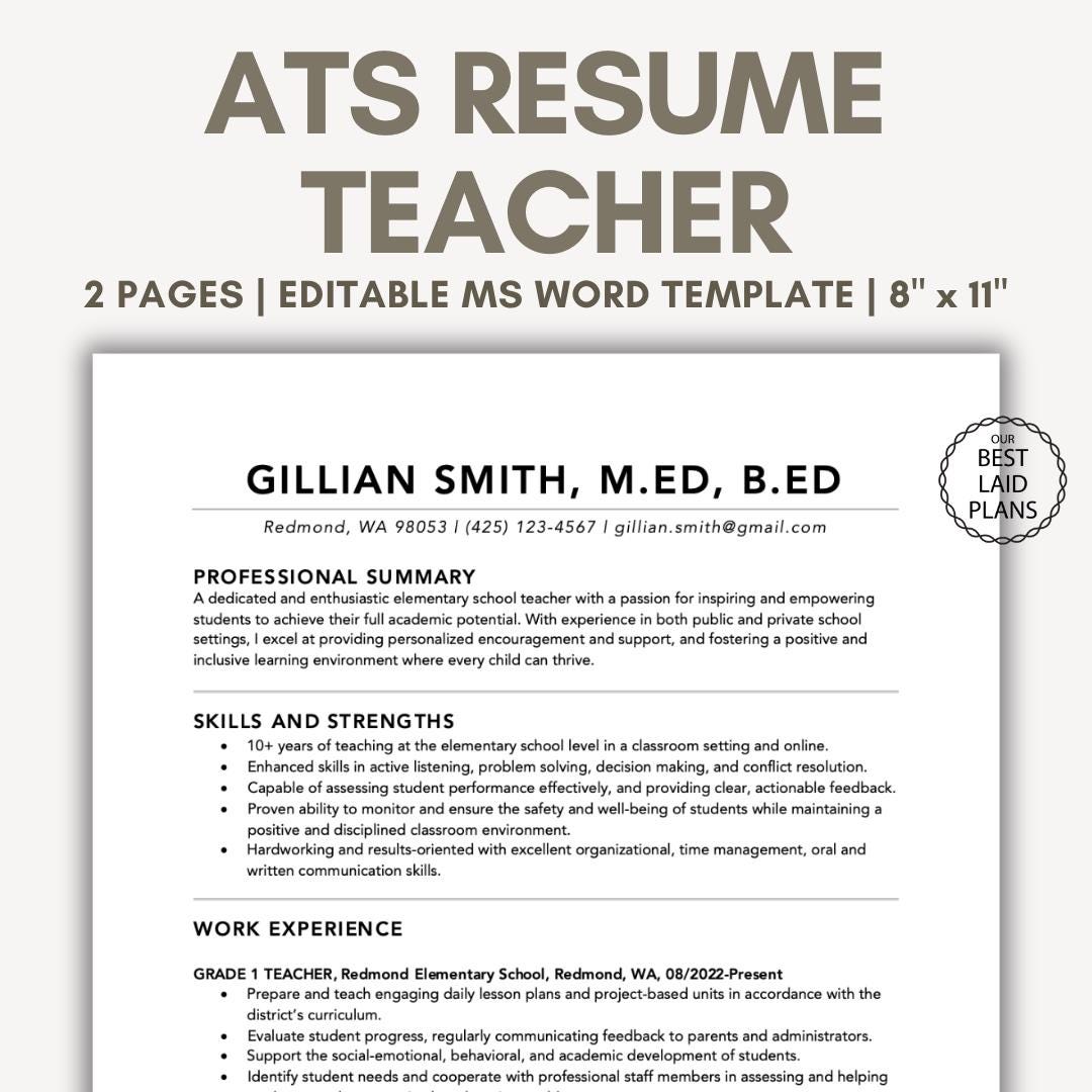 ATS Resume Template Teacher, ATS Resume Template Teaching, Teacher ...