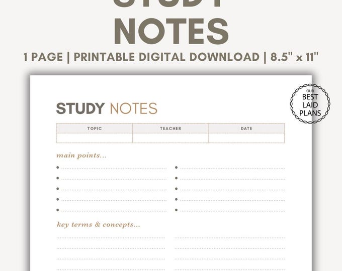 Printable STUDY NOTE Templates for STUDENTS - Etsy Canada