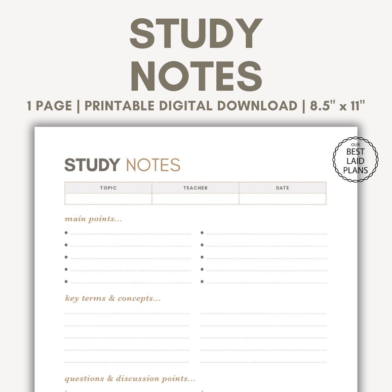 Study Notes Printable Note Taking Template PDF Digital Download Study ...
