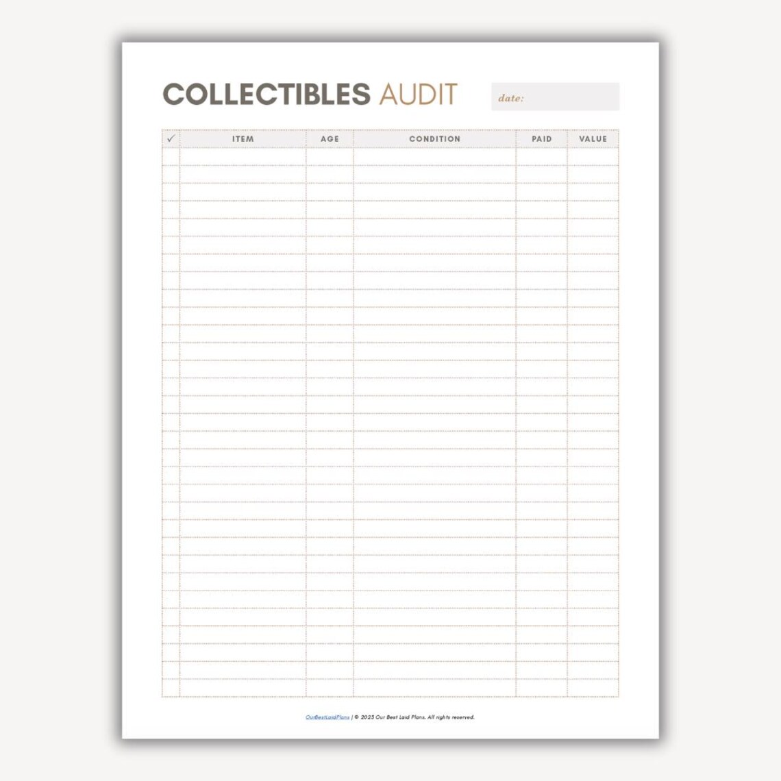Collectibles Audit Printable PDF, Collectibles Tracker Digital Download ...