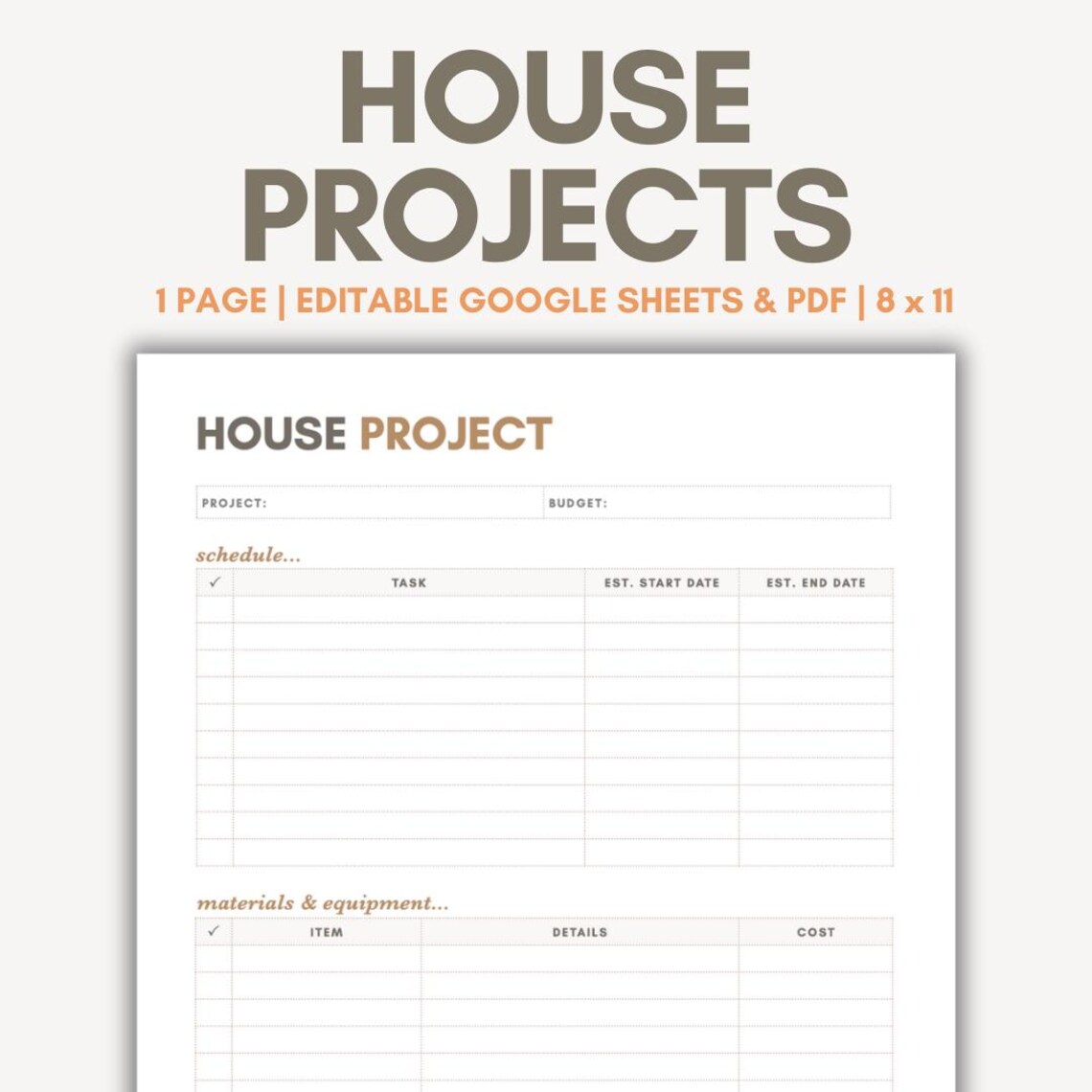 House Project Planner Printable PDF Google Sheets Editable Home Project ...