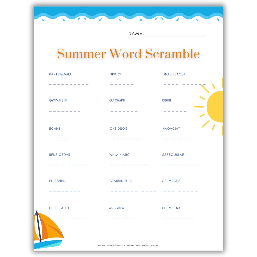 Summer Word Scramble Printable PDF Summer Theme Word Jumble Summertime ...