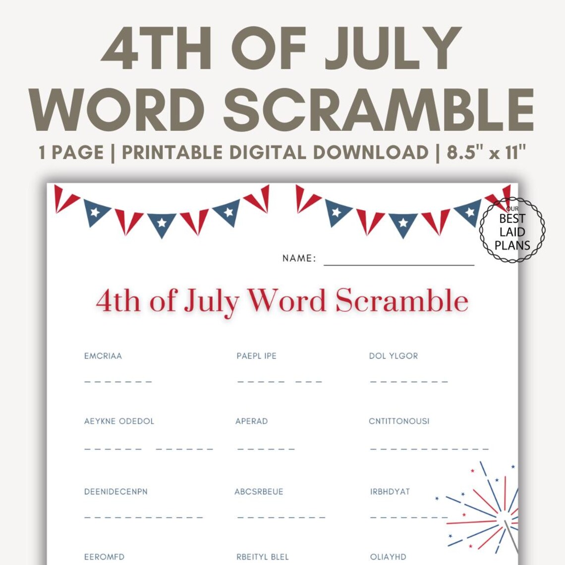 Fourth of July Word Scramble Game Printable PDF 4th of July Word Jumble ...