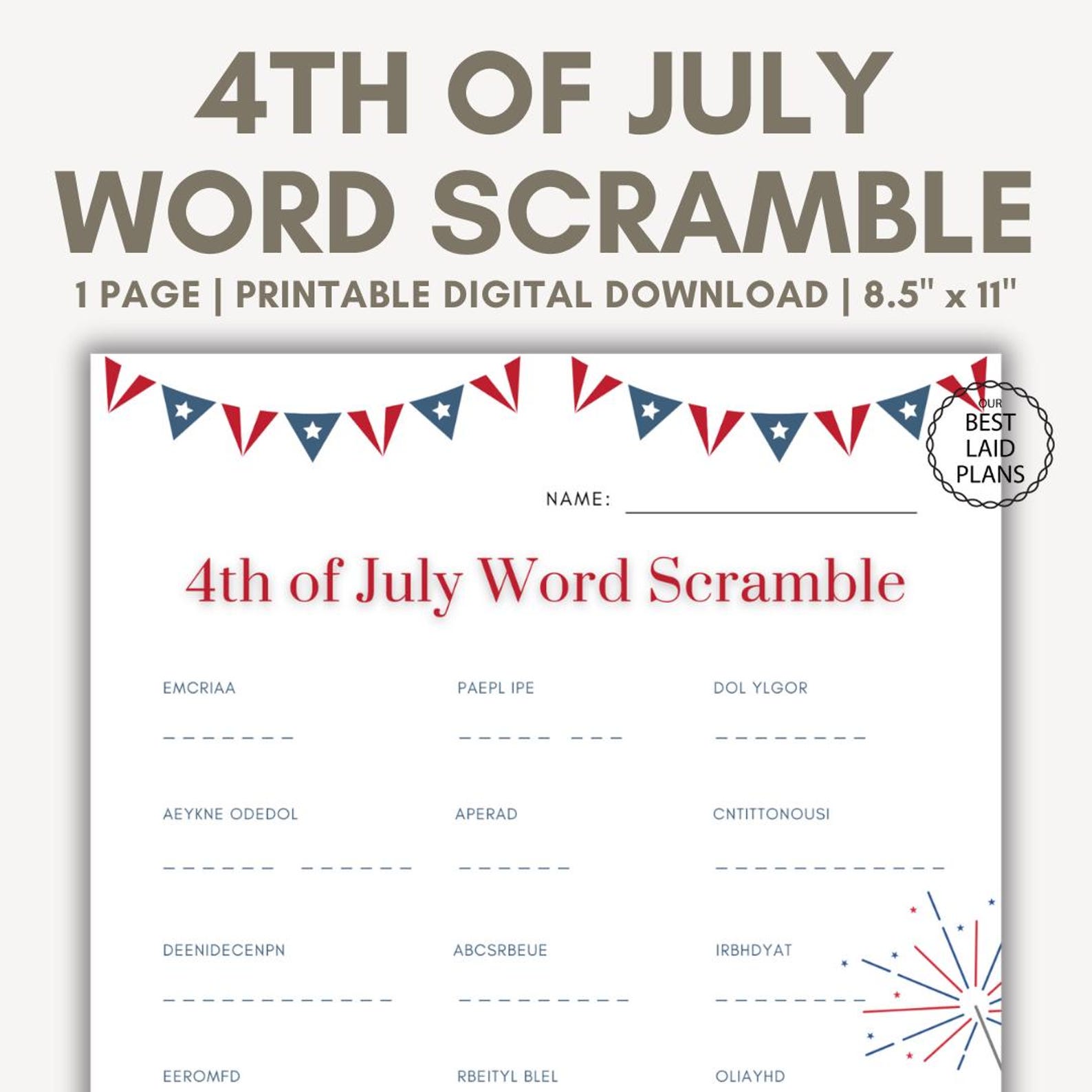 Fourth of July Word Scramble Game Printable PDF 4th of July Word Jumble ...