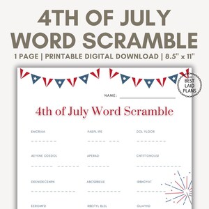 Fourth of July Word Scramble Game Printable PDF 4th of July Word Jumble ...