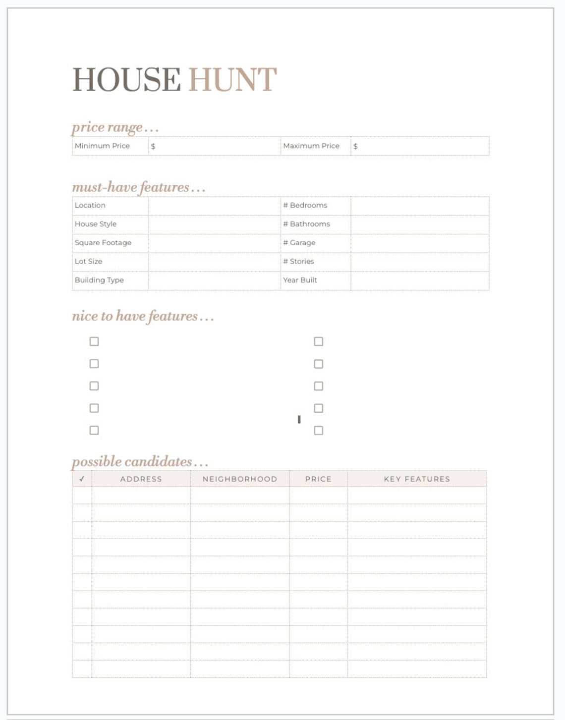 House Hunting Checklist Planner Printable PDF Editable Google Docs ...
