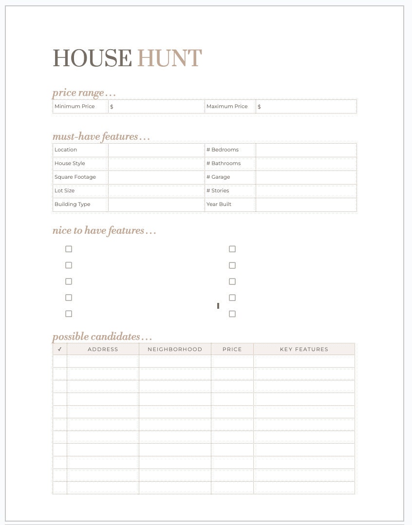 House Hunting Checklist Planner Printable PDF Editable Google Docs ...