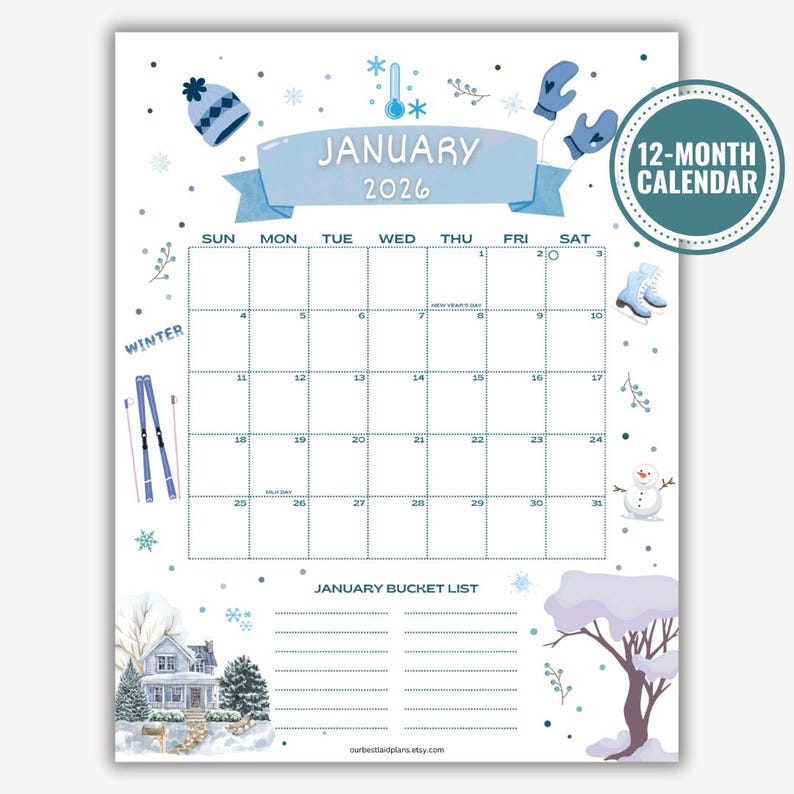 January 2026 Monthly Calendar With Holidays & Moons, Minimalist ...