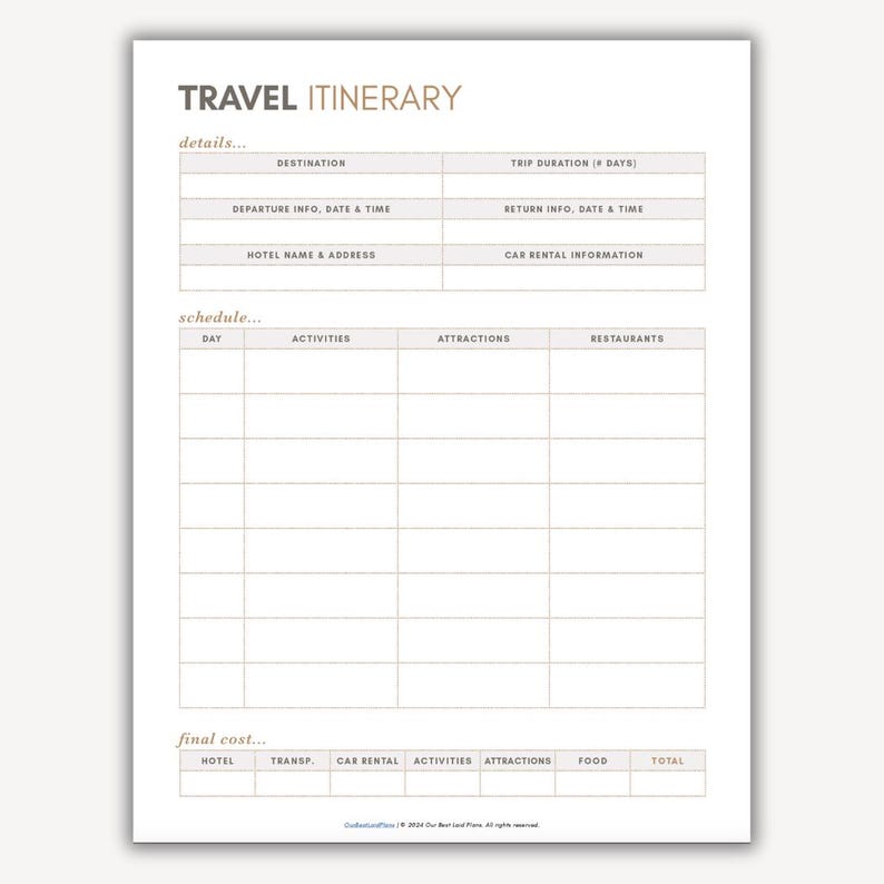 Travel Itinerary Printable Travel Planner Trip Planner Template ...