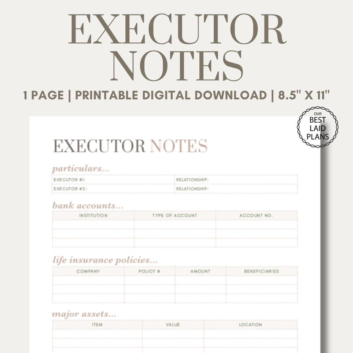 Executor Notes Printable PDF Estate Executor Notes Will Executor Notes ...