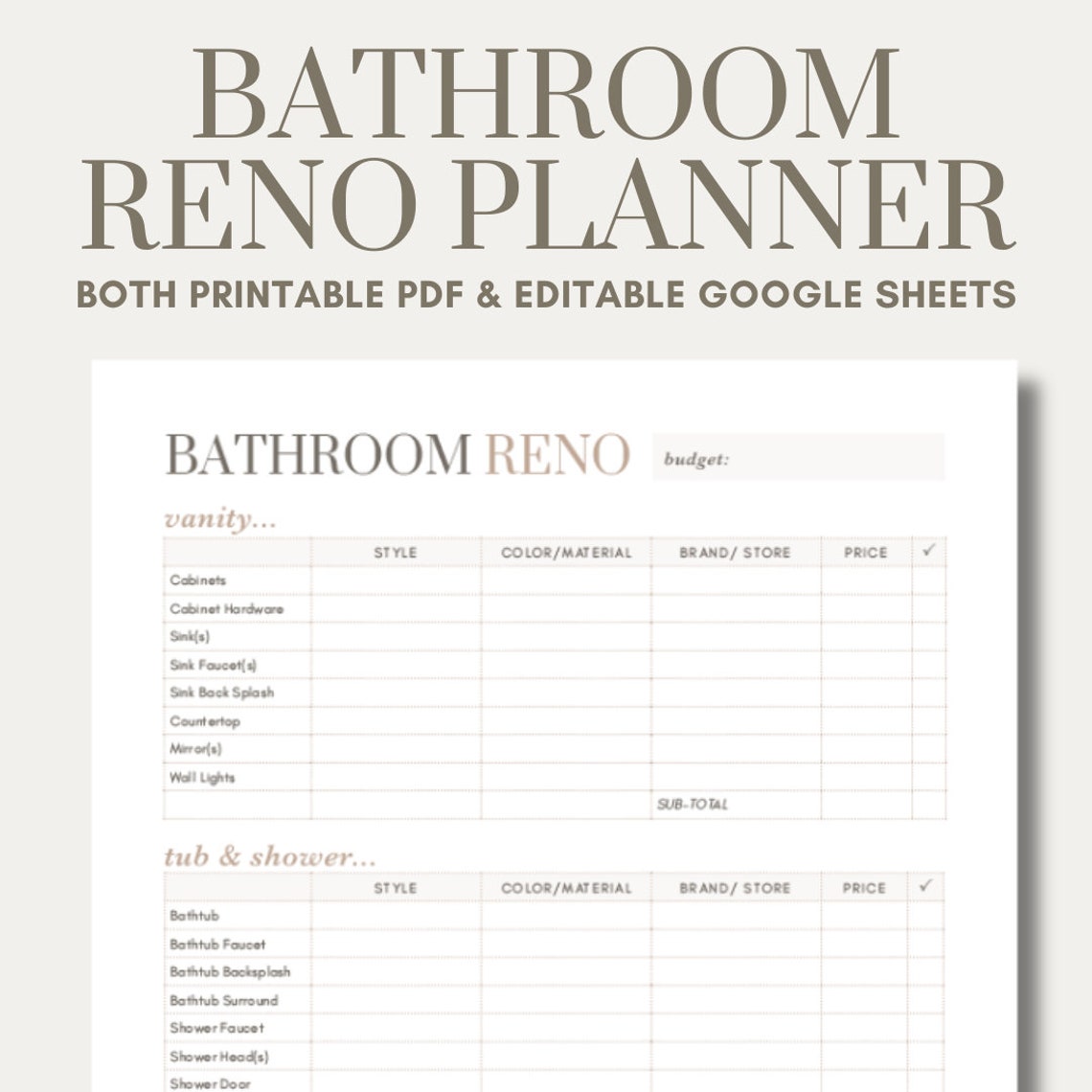 Bathroom Renovation Planner Printable PDF Google Sheets Editable ...