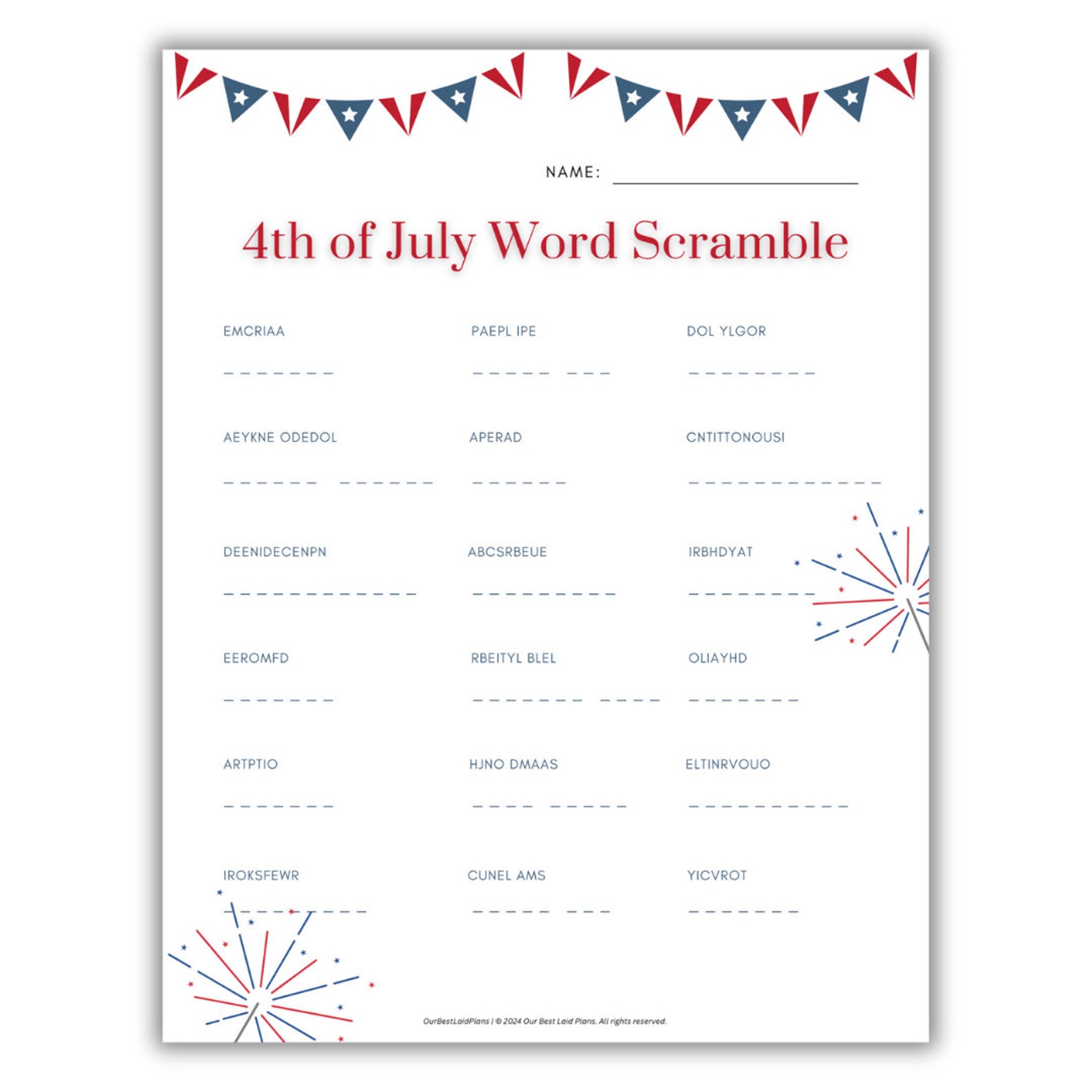Fourth of July Word Scramble Game Printable PDF 4th of July Word Jumble ...