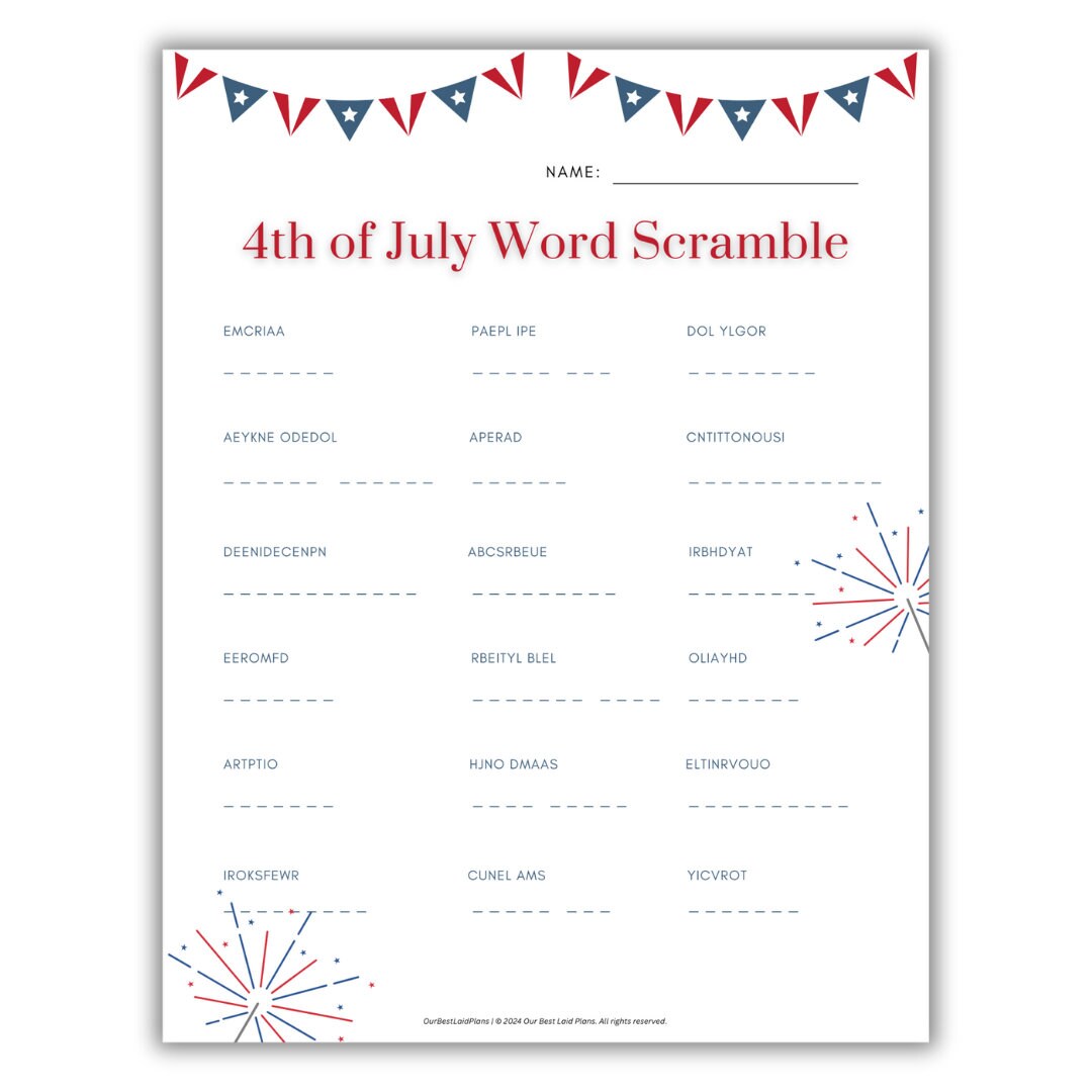 Fourth of July Word Scramble Game Printable PDF 4th of July Word Jumble ...