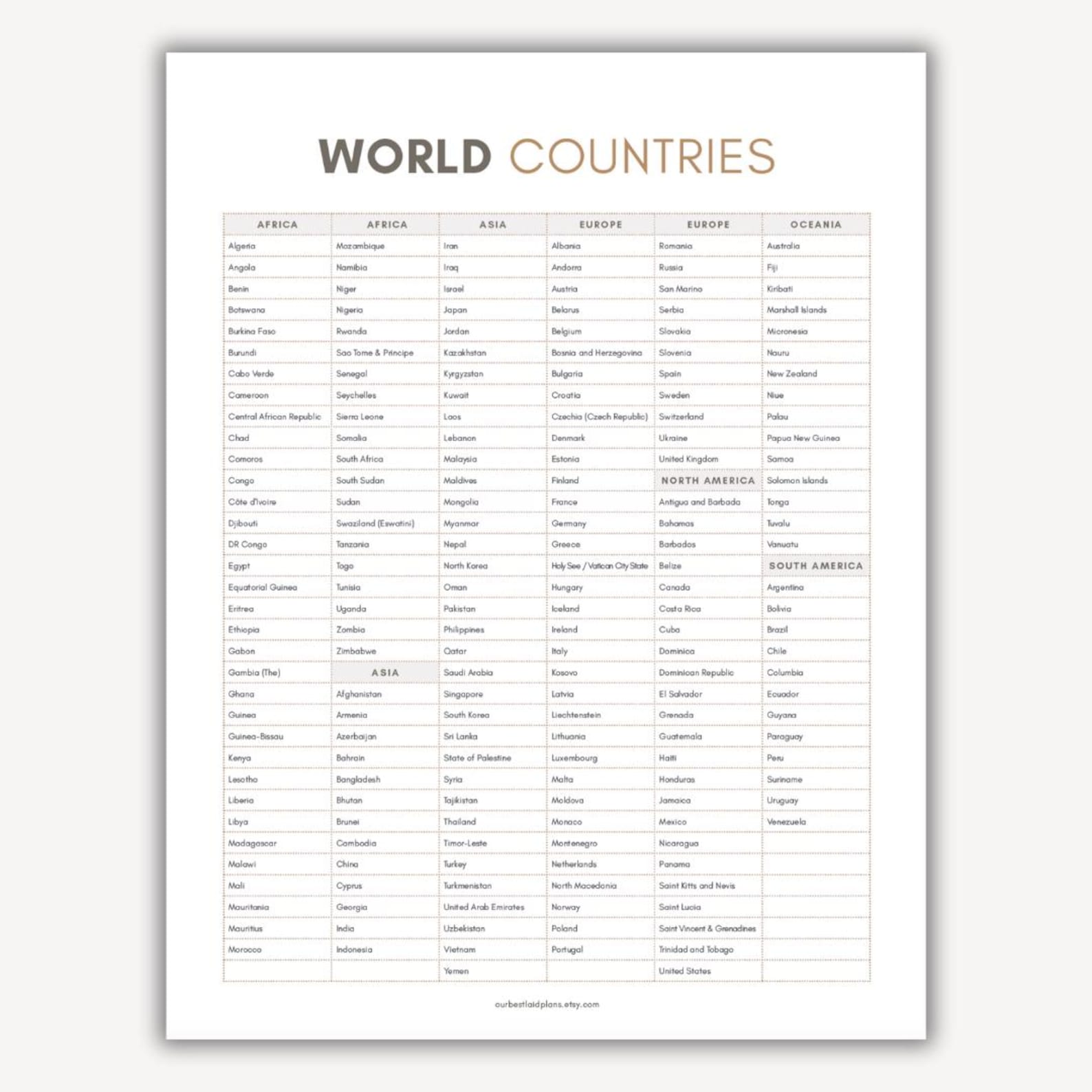 World Countries List Printable: Geography Reference (PDF Download) - Etsy