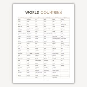 World Countries List Printable: Geography Reference (PDF Download) - Etsy