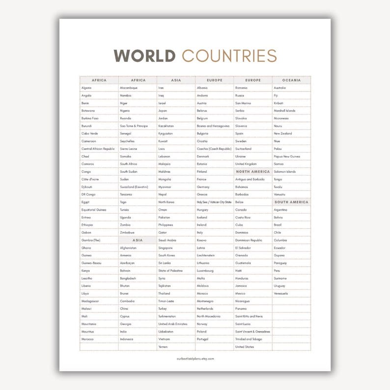 World Countries List Printable: Geography Reference (PDF Download) - Etsy