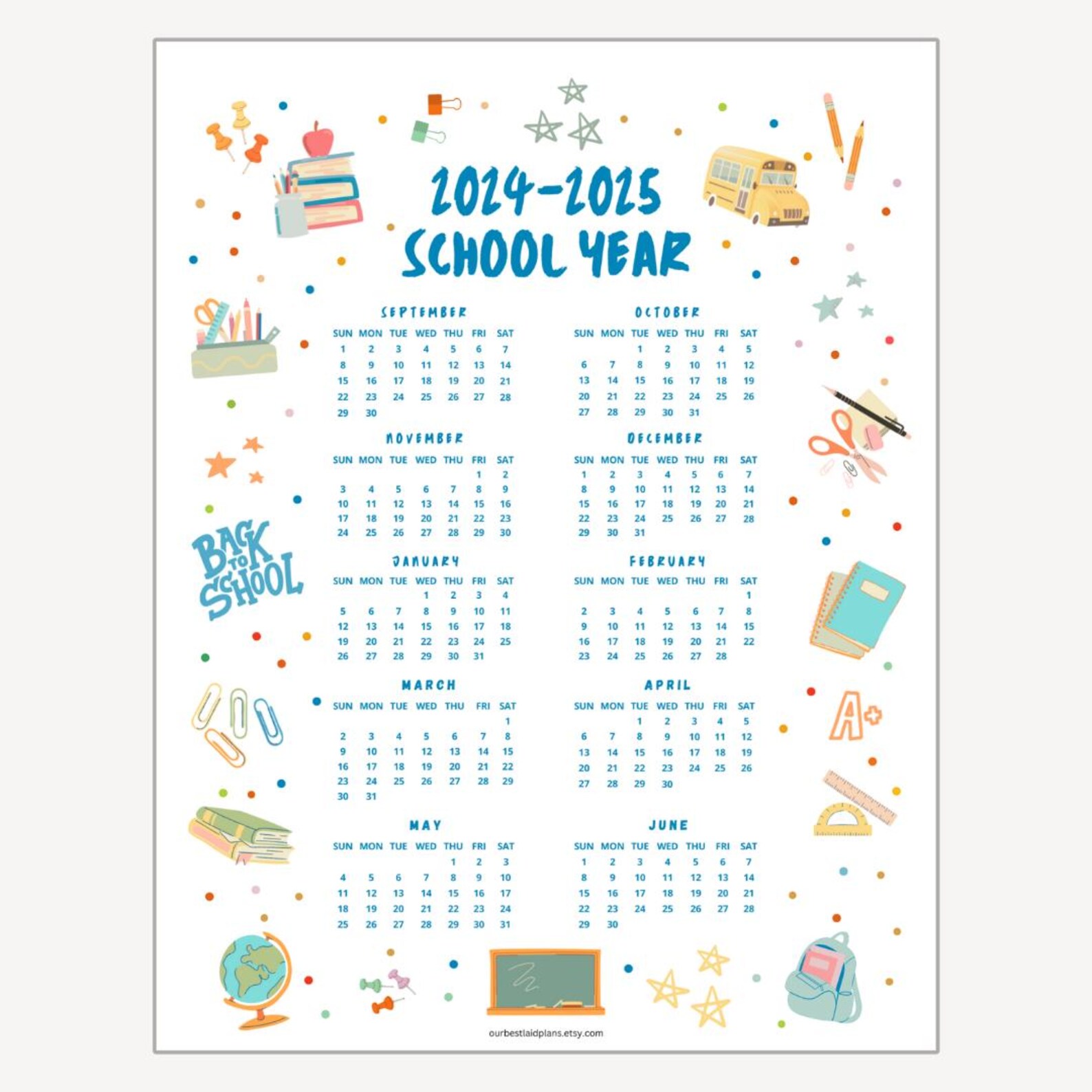 School Calendar 2024-2025 Printable PDF Cute 2024 2025 School Year at a ...