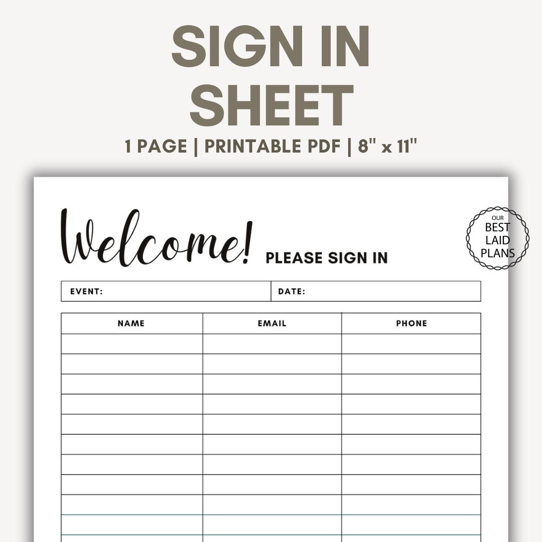 Sign in Sheet Printable PDF, Open House Sign in Sheet Template, Meeting ...