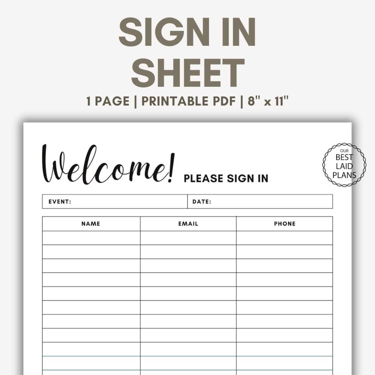 Sign in Sheet Printable PDF, Open House Sign in Sheet Template, Meeting ...