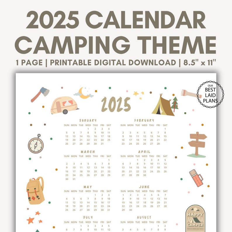 2025 Calendar Printable PDF Camping 2025 Calendar at a Glance 2025 ...