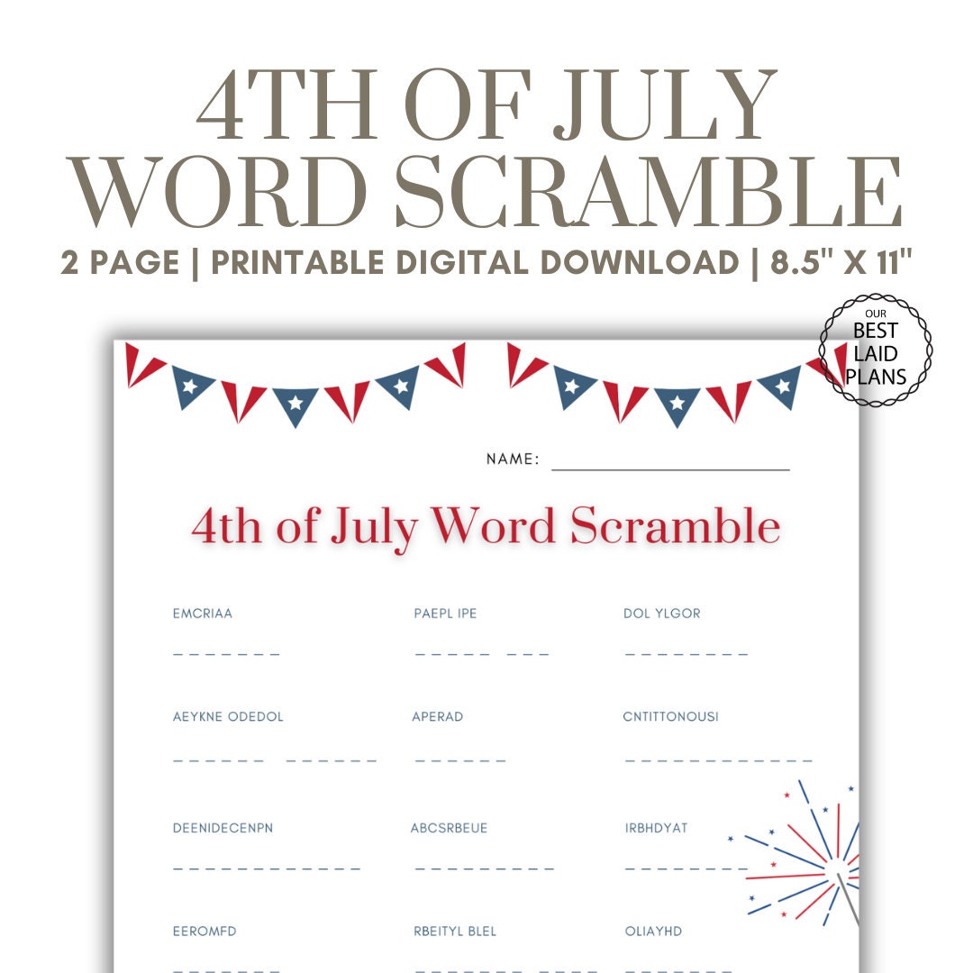 Fourth of July Word Scramble Game Printable PDF 4th of July Word Jumble ...
