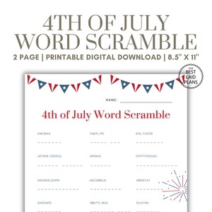 Fourth of July Word Scramble Game Printable PDF 4th of July Word Jumble ...