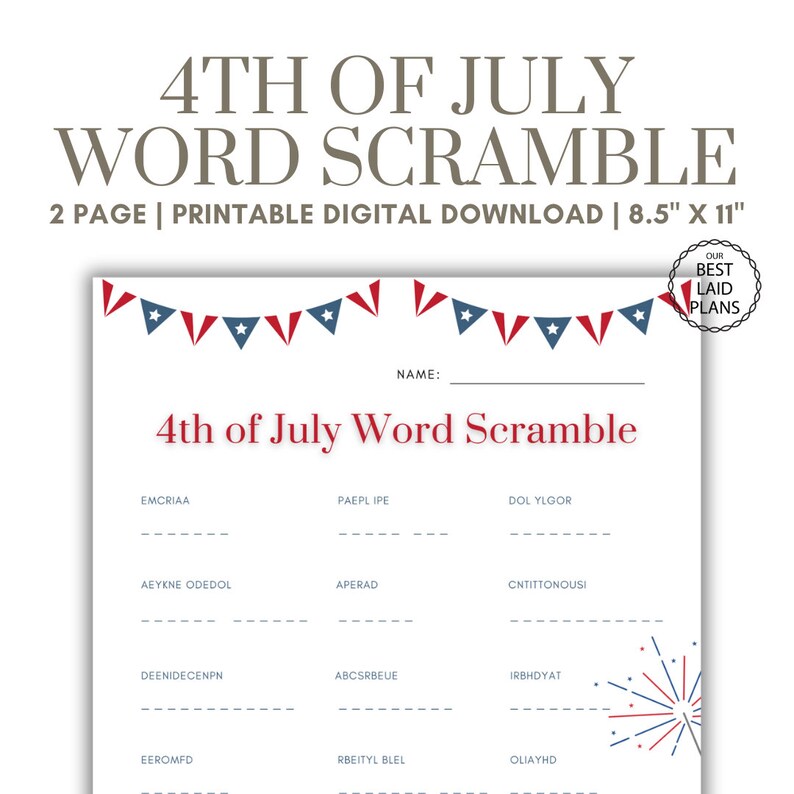 Fourth of July Word Scramble Game Printable PDF 4th of July Word Jumble ...