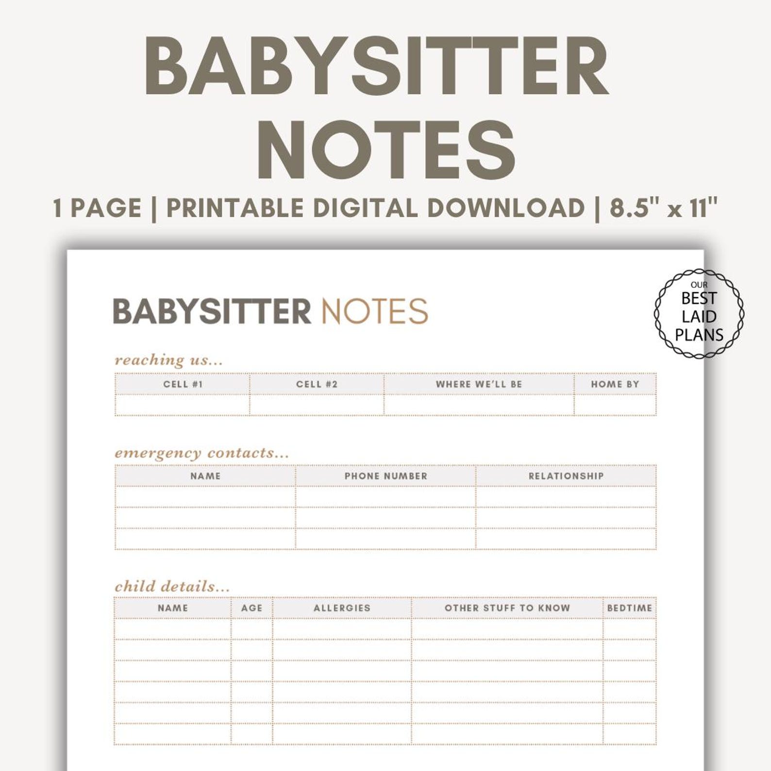 Babysitter Checklist Printable, Babysitter Checklist Notes, Babysitter ...