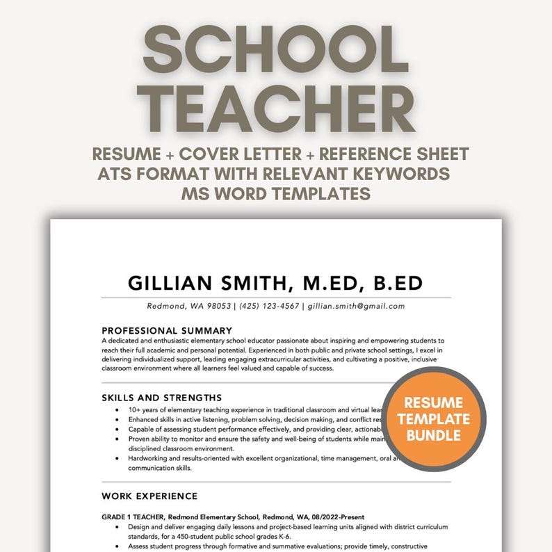 Buy Teacher Resume Template With Cover Letter and Example / Sample ...