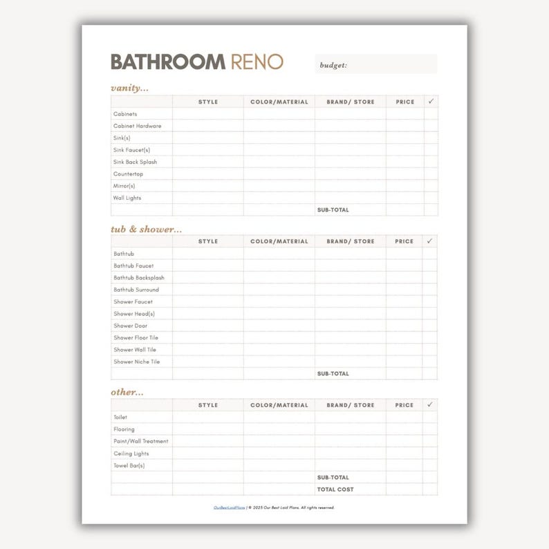 Bathroom Renovation Planner Printable PDF Google Sheets Editable ...