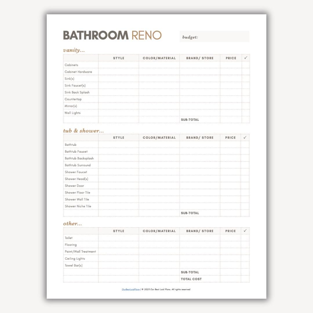 Bathroom Renovation Planner Printable PDF Google Sheets Editable ...