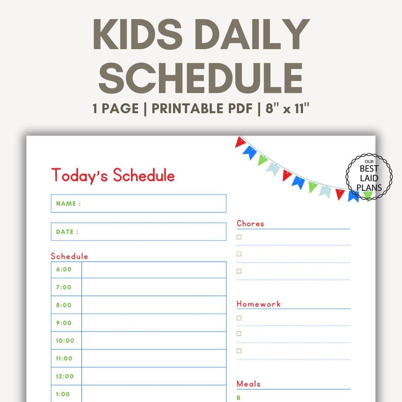 Kids Daily Planner Printable PDF, Kids Daily Timetable Printable PDF ...