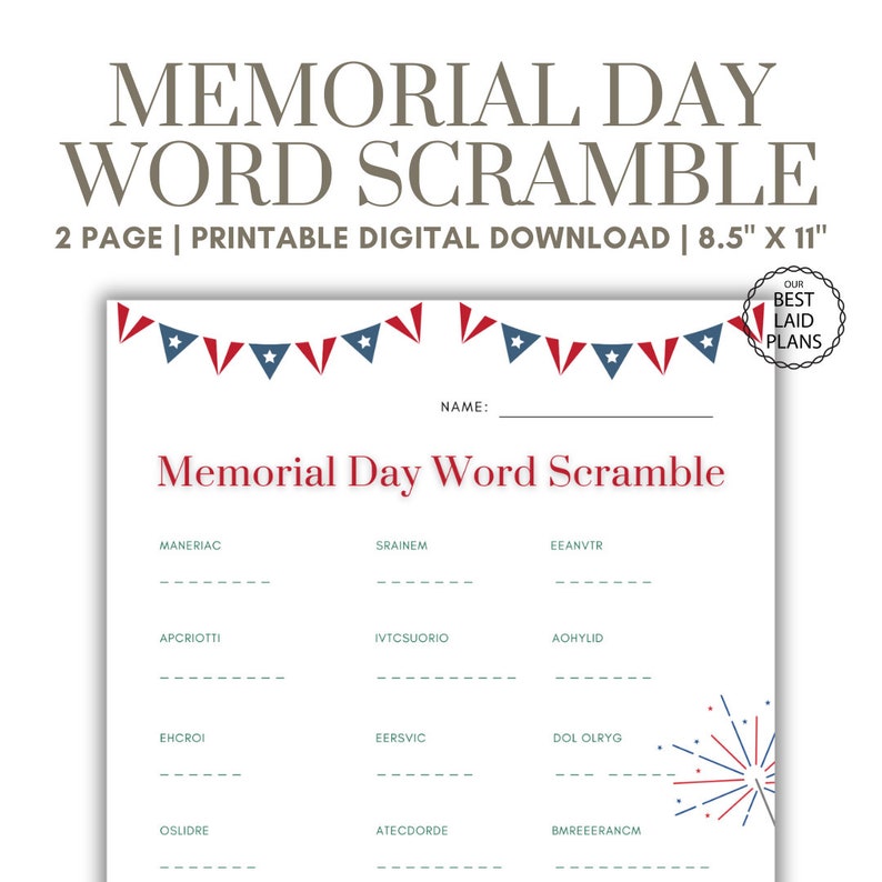 Memorial Day Word Scramble Printable PDF Word Unscramble Word Scramble ...