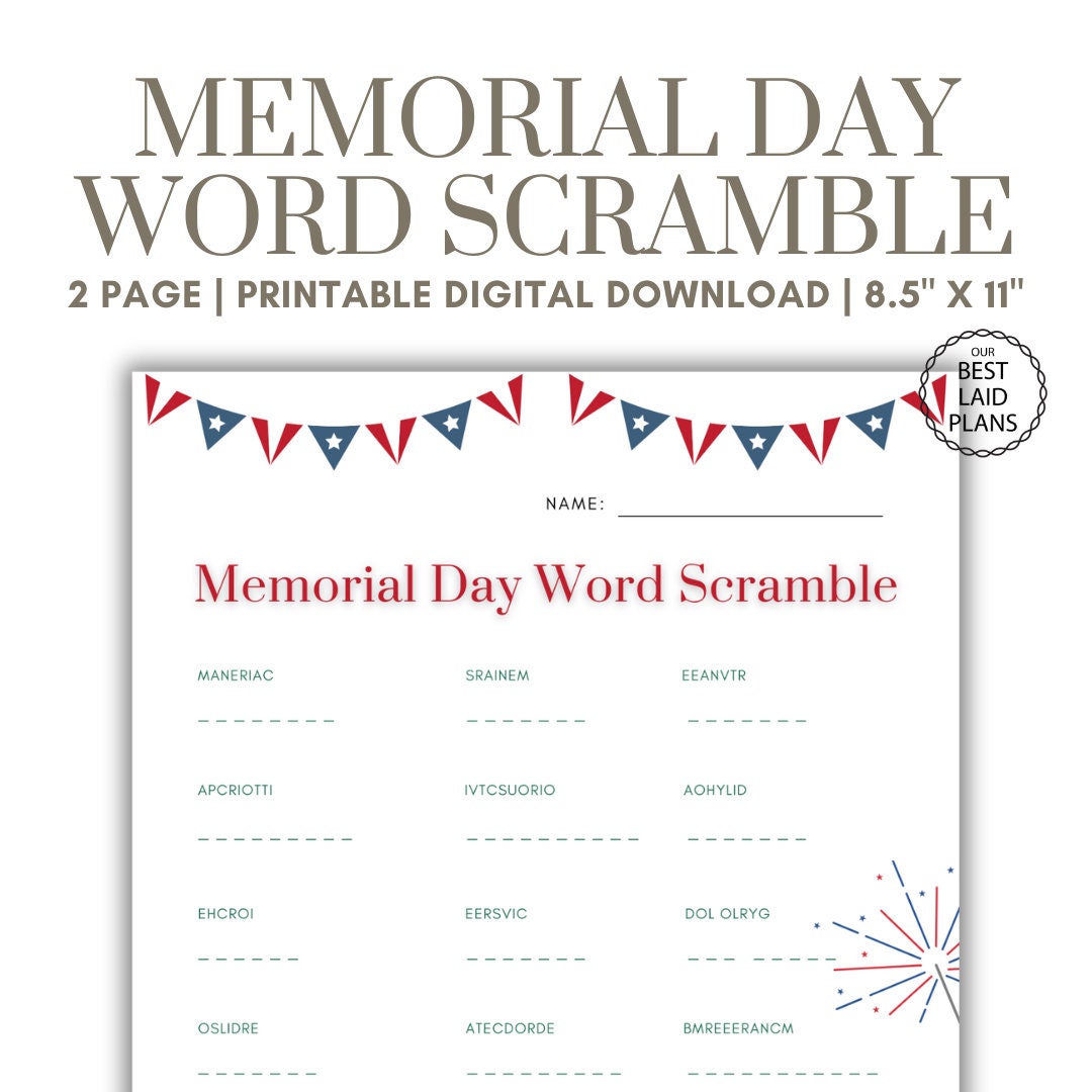 Memorial Day Word Scramble Printable PDF Word Unscramble Word Scramble ...