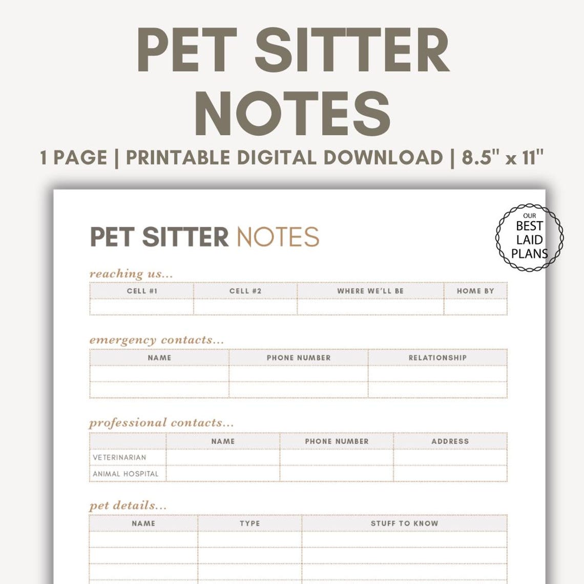 Pet Sitter Notes Printable PDF Pet Sitting Planner Printable Dog Sitter ...