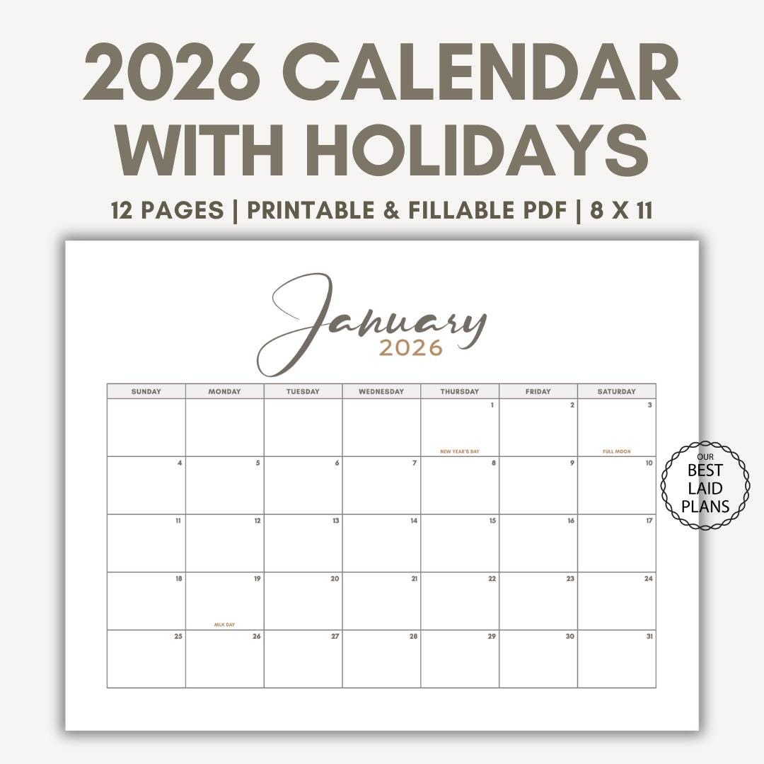 2026 Calendar Printable PDF Fillable Simple Minimalist With Holidays ...
