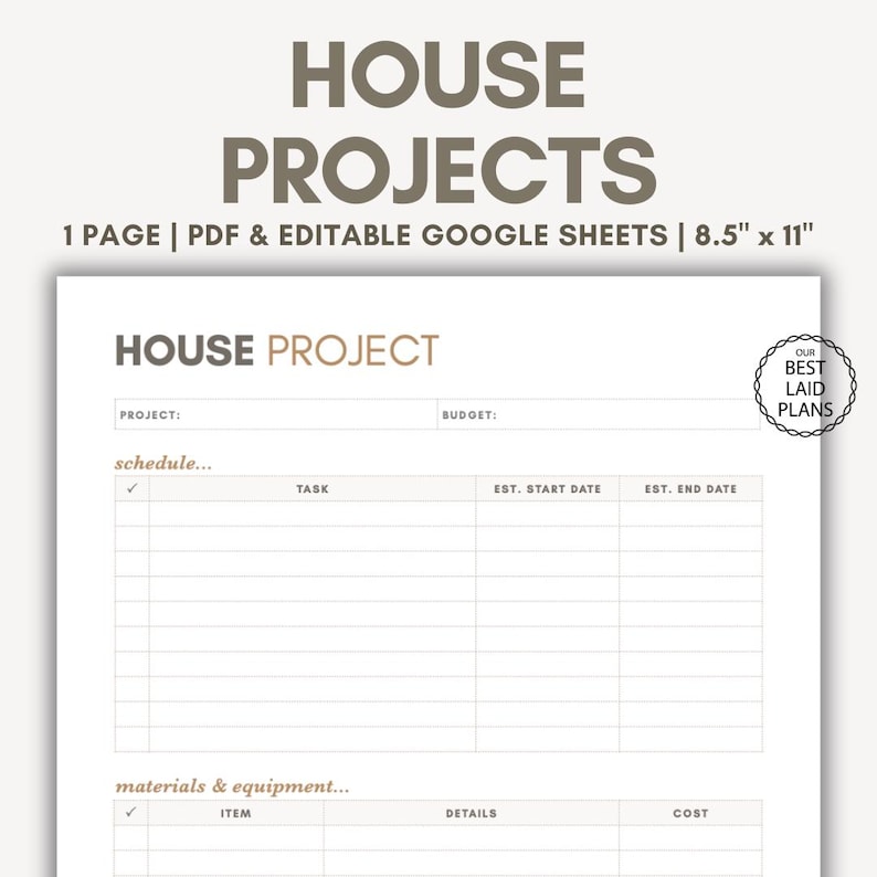 House Project Planner Printable PDF Google Sheets Editable Home Project ...