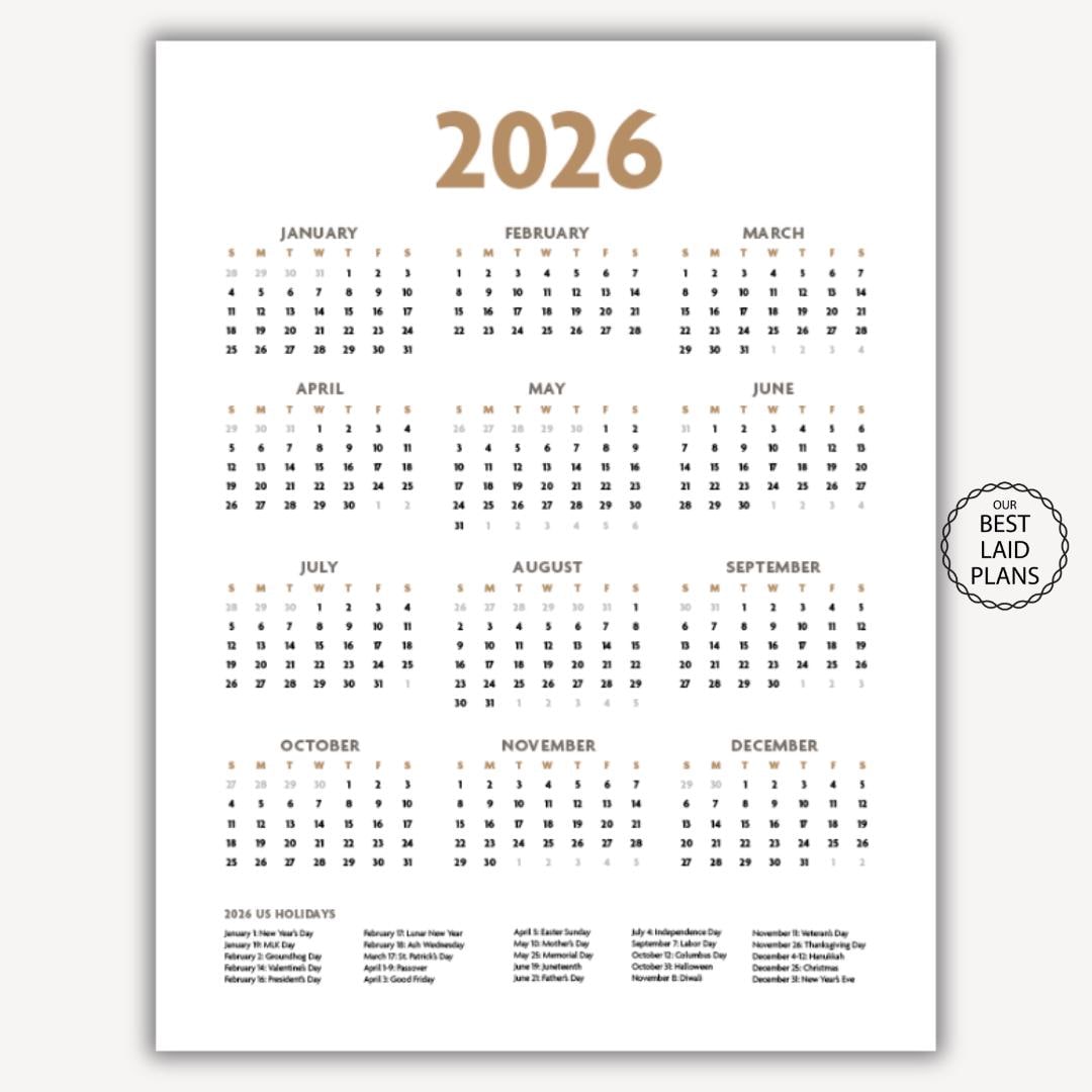 2026 Calendar Year at a Glance Printable PDF, Classic 2026 Calendar A5 Portrait Orientation ...