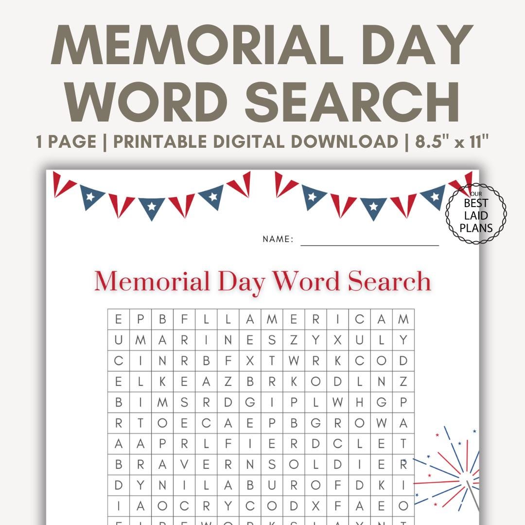 Memorial Day Word Search Printable PDF Memorial Day Word Search PDF ...