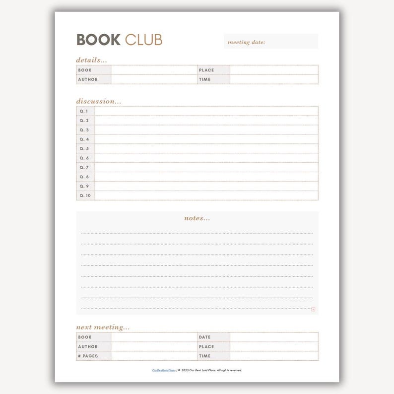 Book Club Meeting Planner One Page Planning Page Printable PDF Book ...