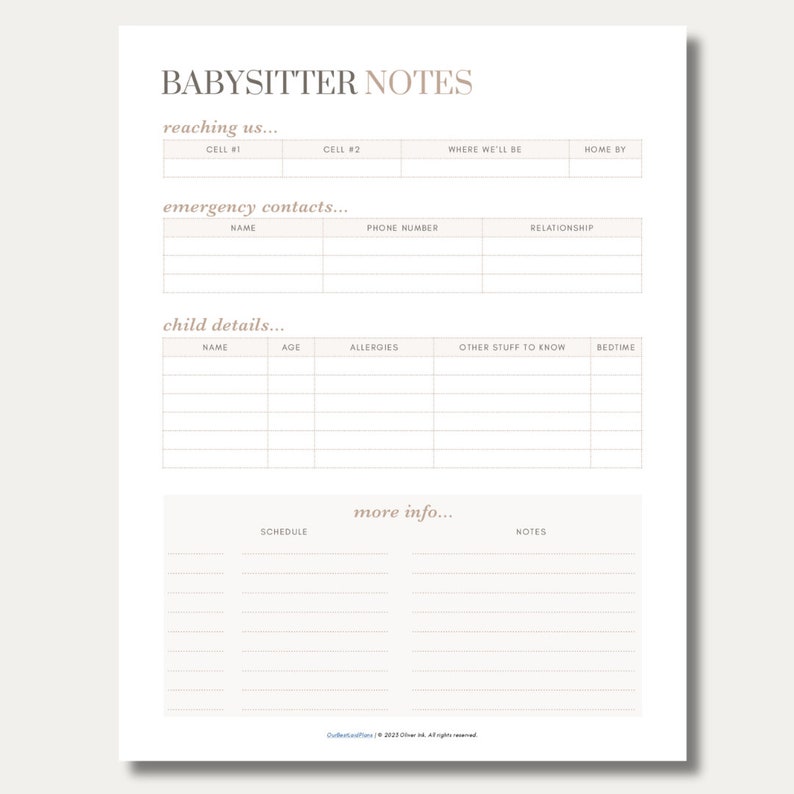 Babysitter Notes Printable, Babysitter Checklist, Baby Sitter ...