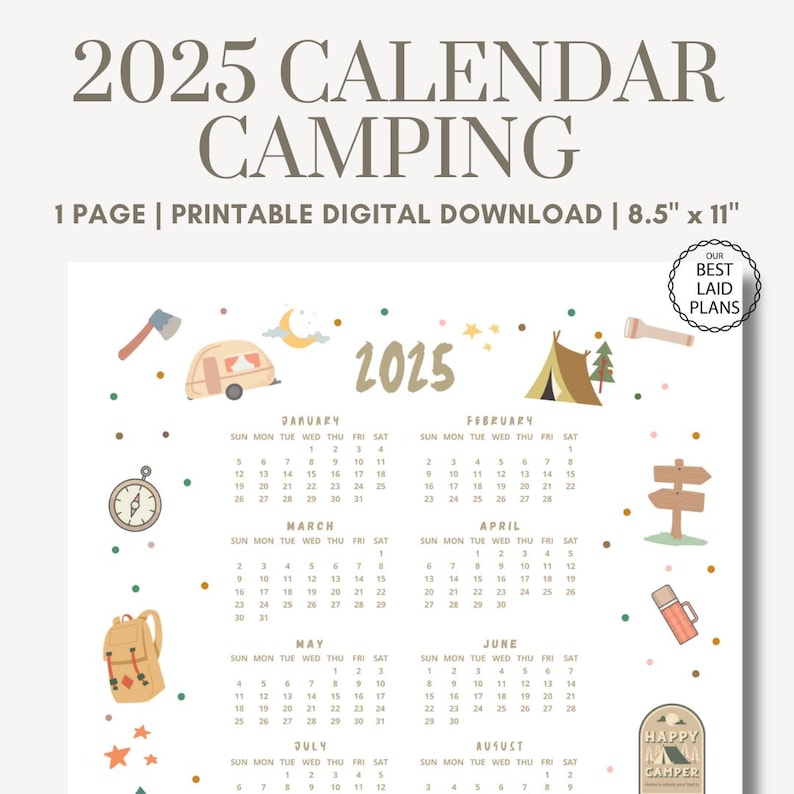 2025 Calendar Printable PDF Camping 2025 Calendar at a Glance 2025 ...