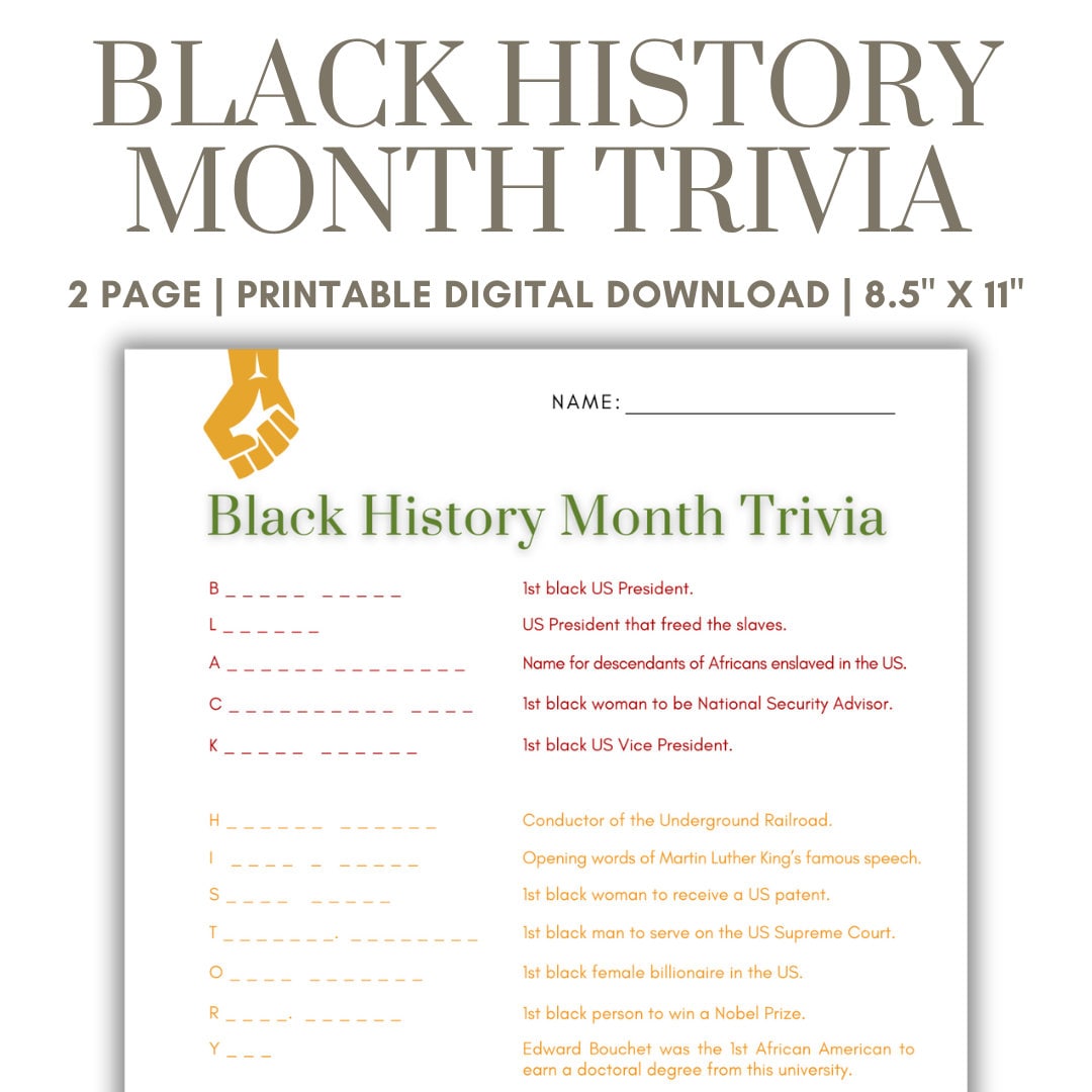 BHM Trivia Printable, Black History Month Classroom Printables, BHM ...
