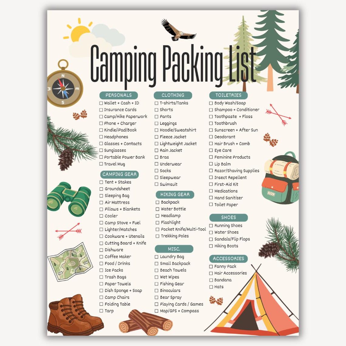 Camping Packing List Printable PDF + Editable Canva Template, How to ...
