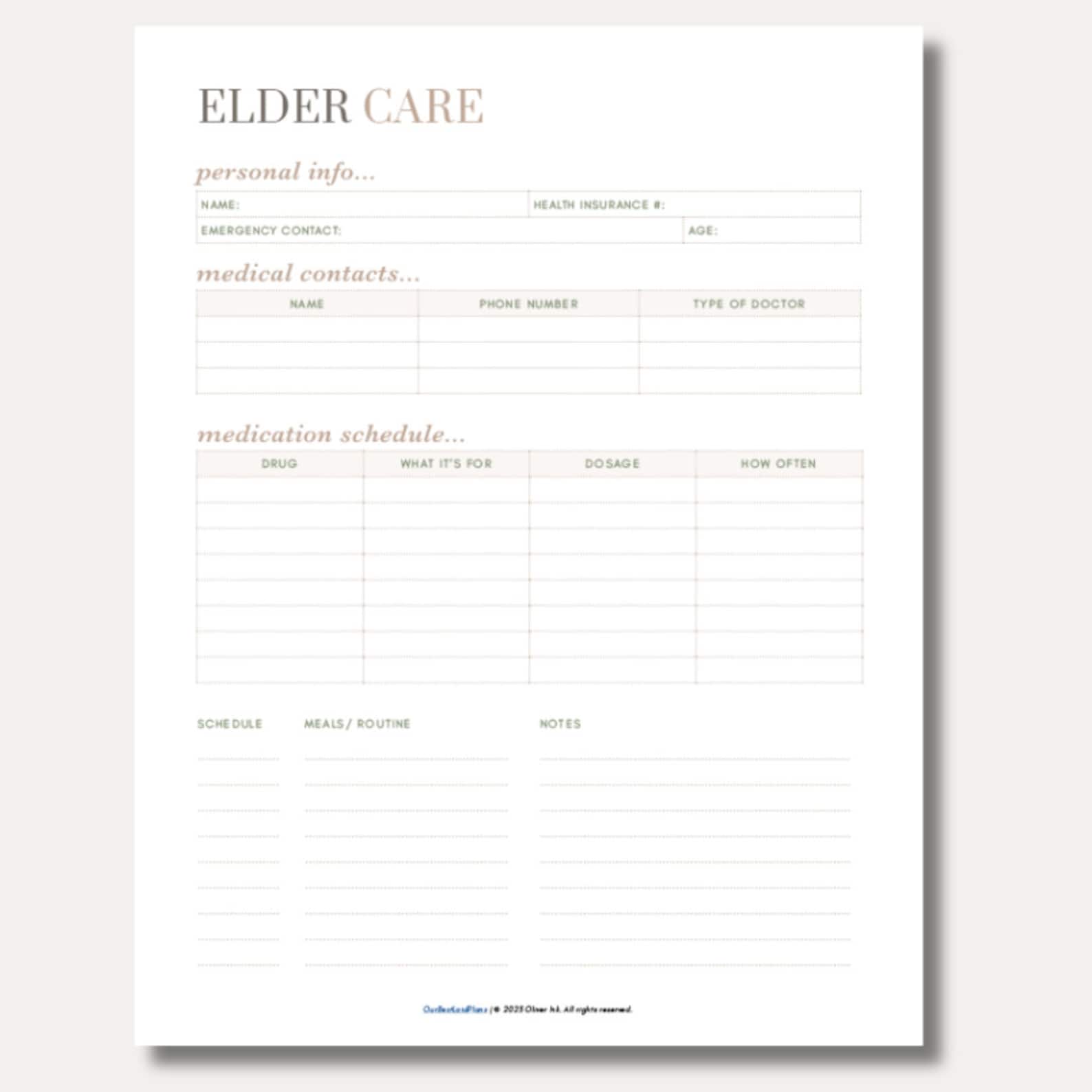 Elder Care Planner Printable PDF, Senior Care Planner, Senior Care ...