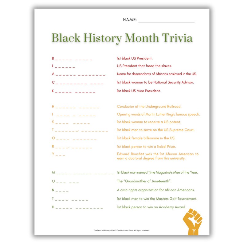BHM Trivia Printable, Black History Month Classroom Printables, BHM ...